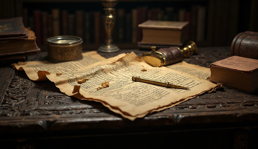 Medieval desk with scattered pages and magnifying glass - SeaArt AI
