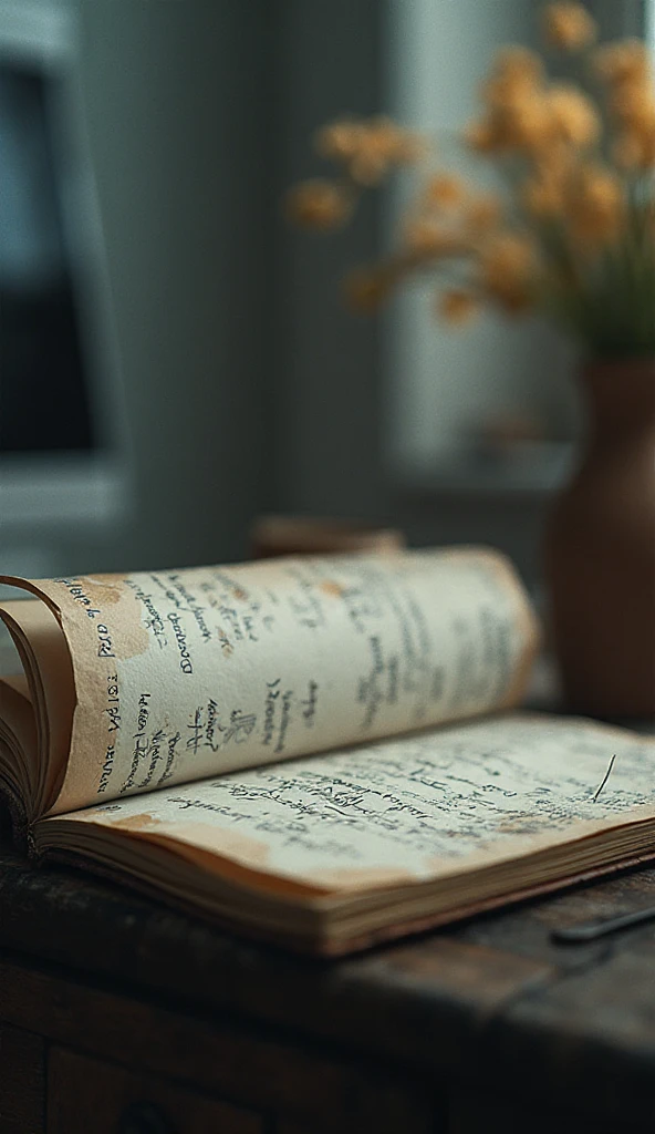 On a blurry desk is an open notebook written doodled in a blurry ...