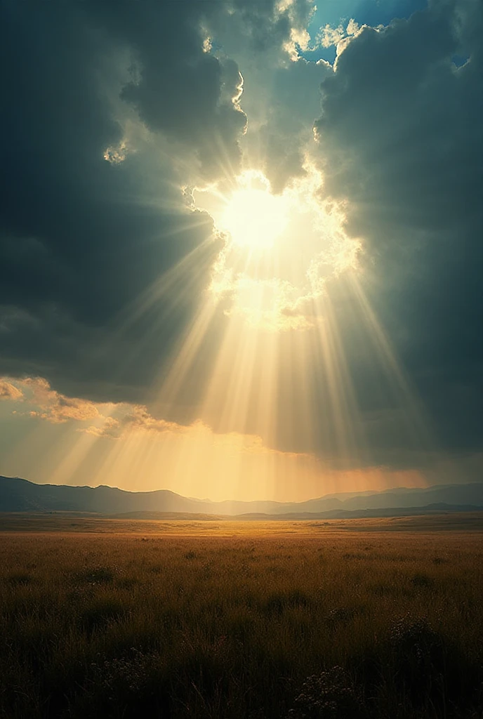 Photograph an open field as storm clouds break apart, with sunlight ...