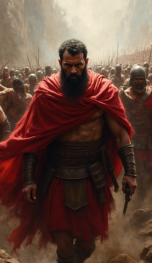 A dramatic close-up oil painting of King Leonidas leading his Spartans ...