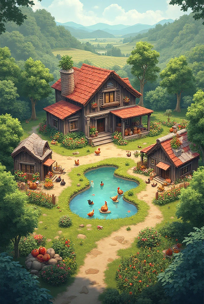 Create a farming house. In right and left side have two poultry farms ...