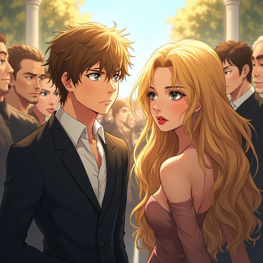 in anime style Anime style dramatic scene, all characters age 33 ...