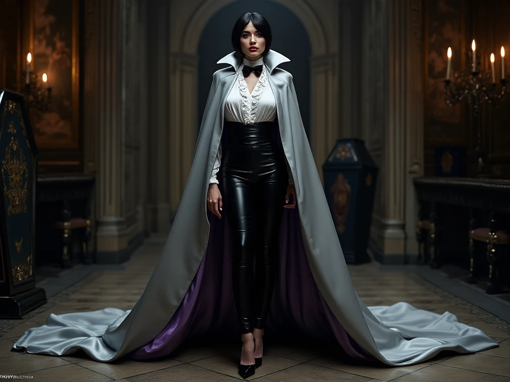 Full length view create a buxom Vampire woman wearing a dramatic ...