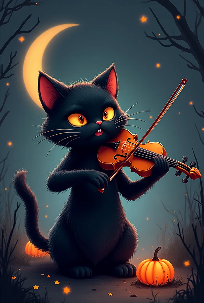 Minimalist kawaii halloween design, black cat playing a violin - SeaArt AI
