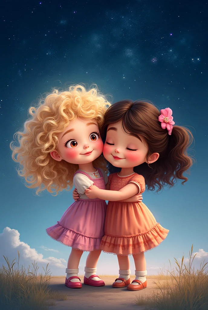 High quality, 8K Ultra HD, draw two little , cartoon girls , who cuddle ...