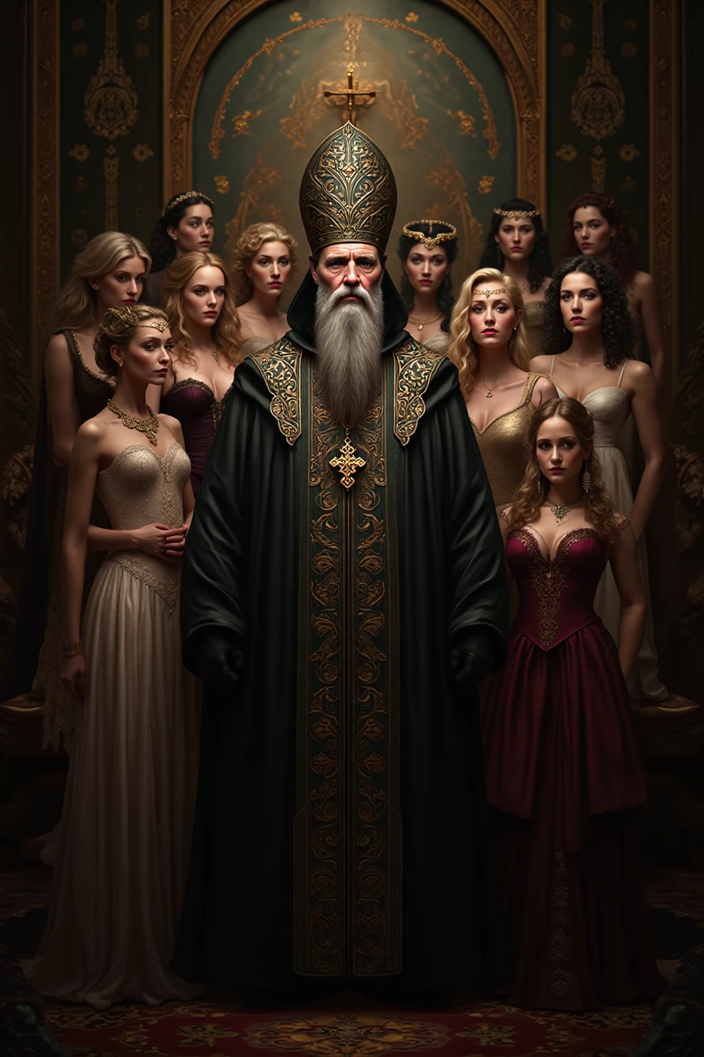 A priest surrounded by many beautiful women - SeaArt AI