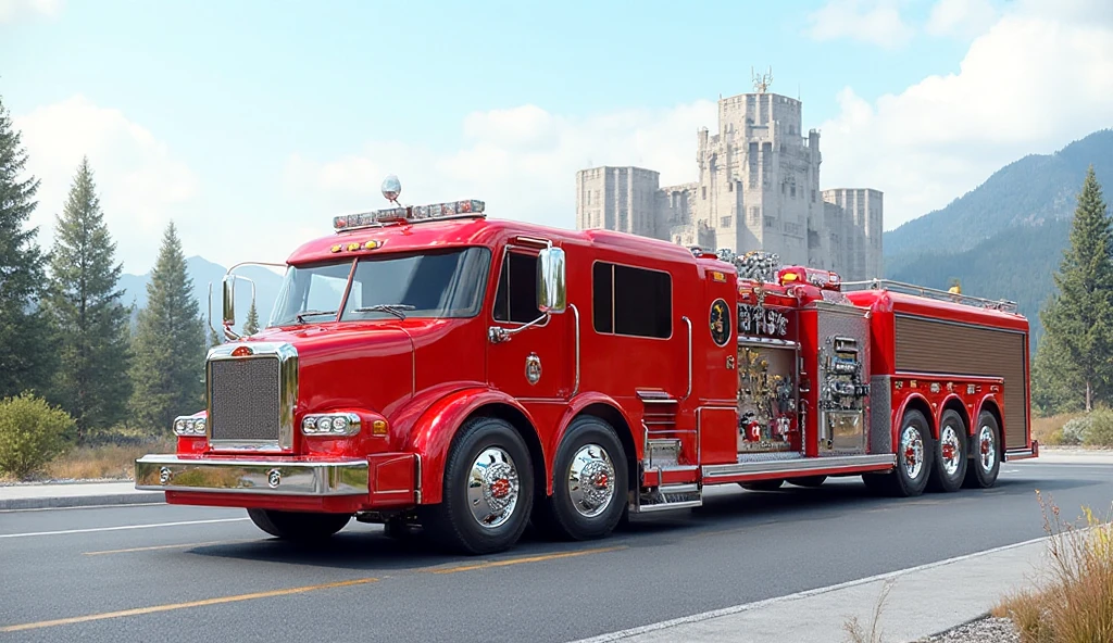 A concept future concept large 3-axle fire truck light red chrome with ...