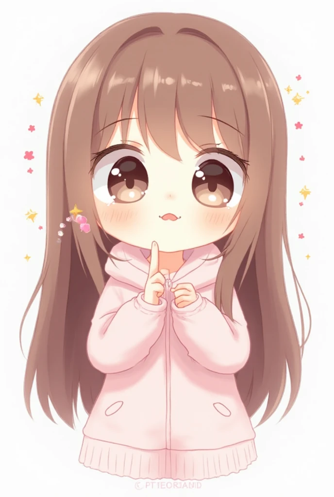 Chibi anime girl, cute pastel style, clean lines, long brown hair ...