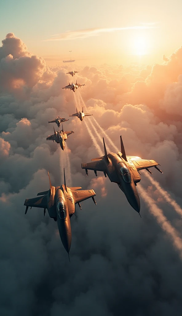 Ultra-realistic 8K HDR cinematic aerial dogfight scene high above the ...