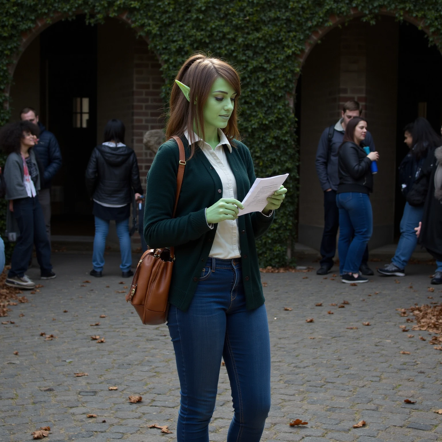 A young woman with green skin and pointed elf-like ears stands in a ...