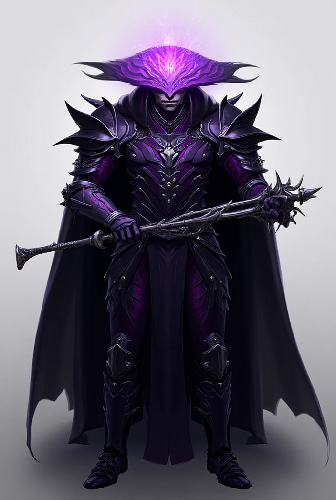 The character is dressed in purple-black armor with sharp curves and ...