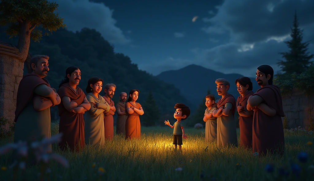 Create a 3D animated Disney-style scene of villagers in the village ...