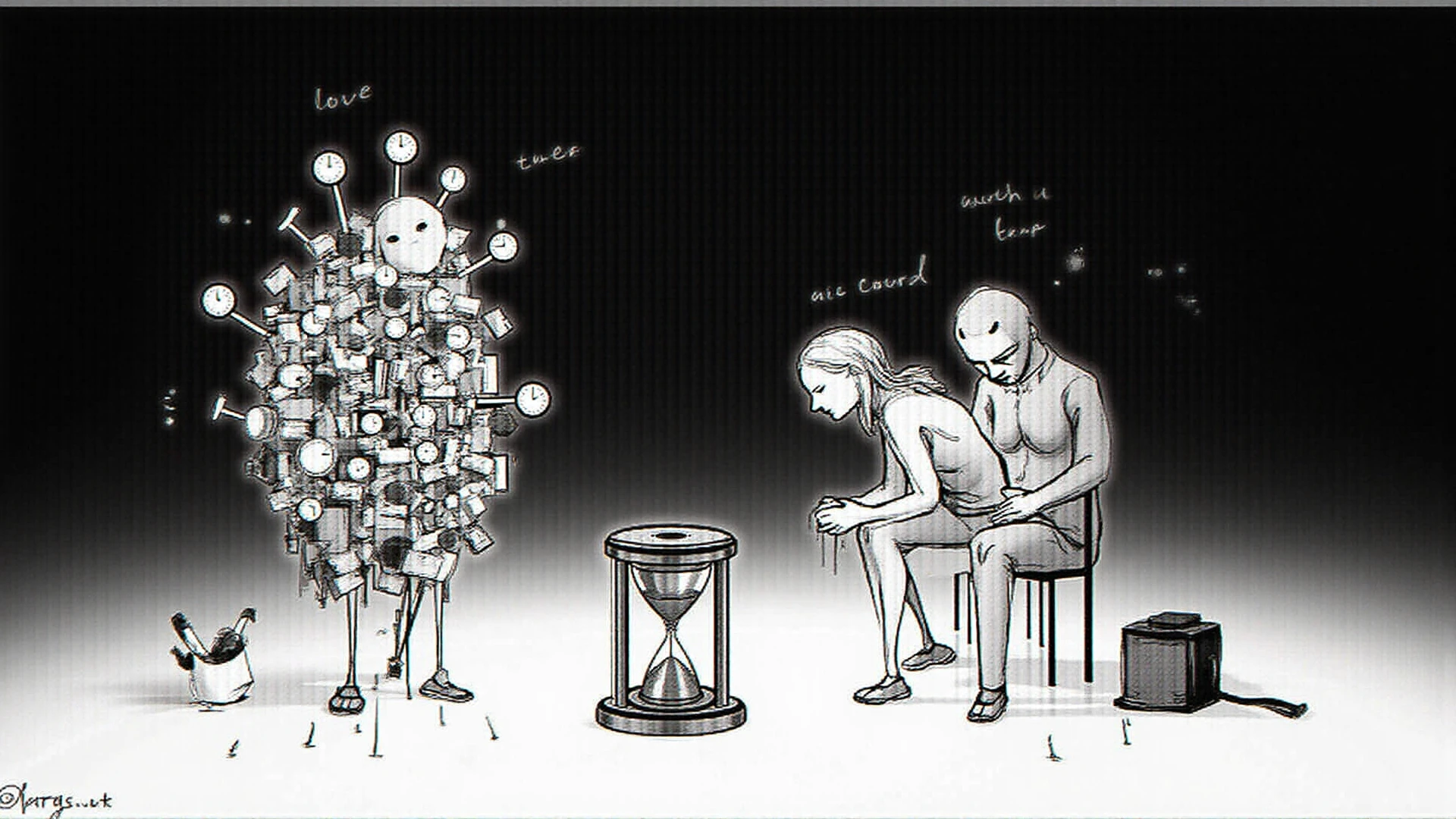 A stick-man overloaded with gifts, clocks, and glowing messages while ...