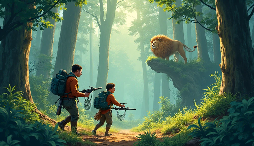 Hunters entering forest with small planes and nets, Lion watching from ...