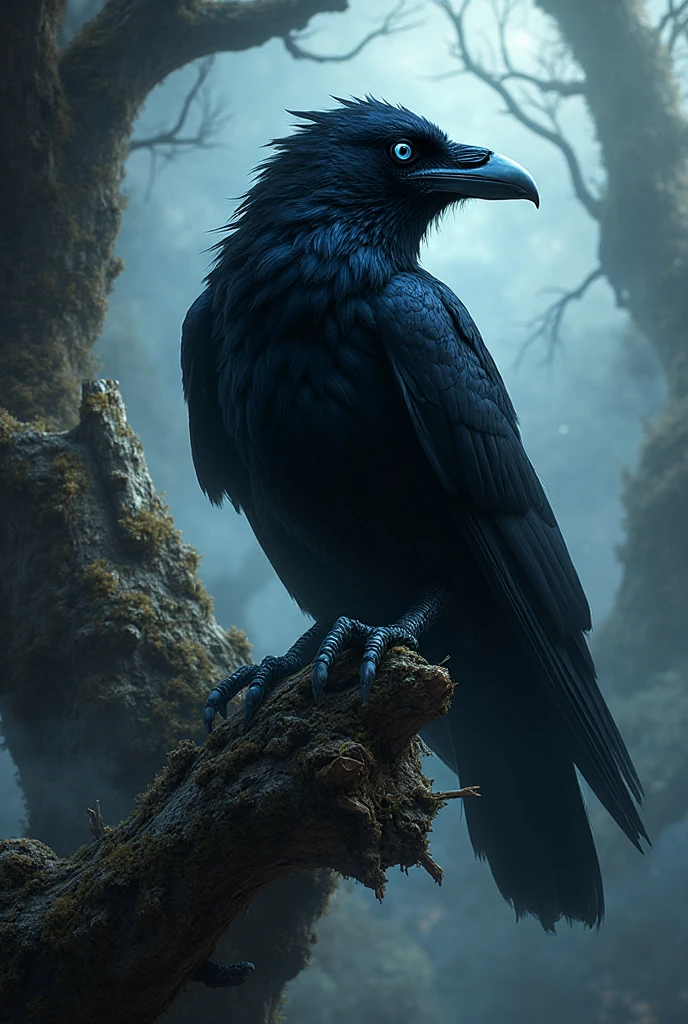 Un corbeau noir aux yeux bleus, de profil, perched on a branch - SeaArt AI