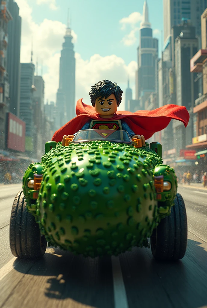SupermanA newt driving a Lego car shaped like a pickle. - SeaArt AI