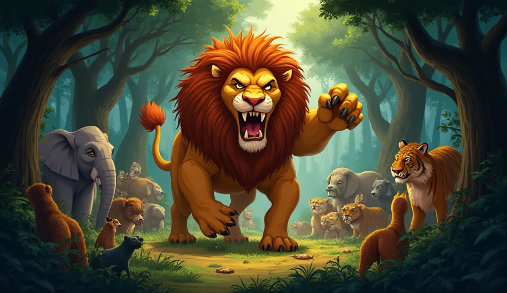 A powerful, cruel lion in a dense cartoon-style forest, golden - SeaArt AI