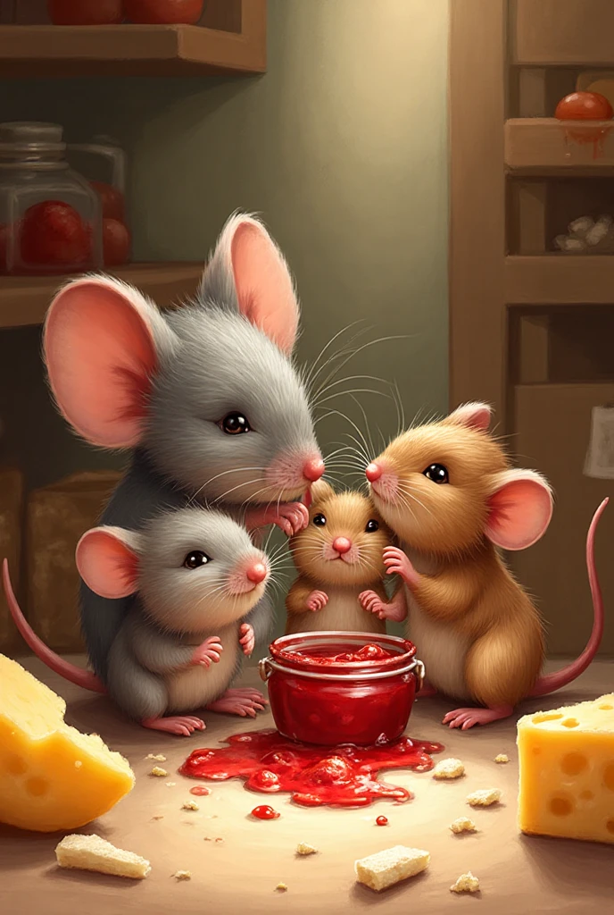 Illustration family of four mice on a kitchen pantry eating stawberry ...