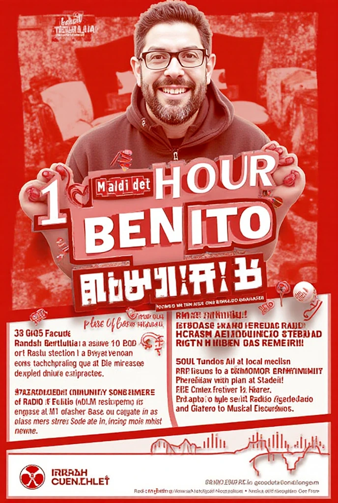 Create a flyer for a radio program called "1 hour with Benito - SeaArt AI