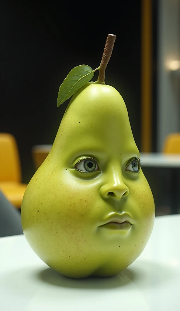 A hyper-realistic close-up of a green pear shaped like a human face and ...