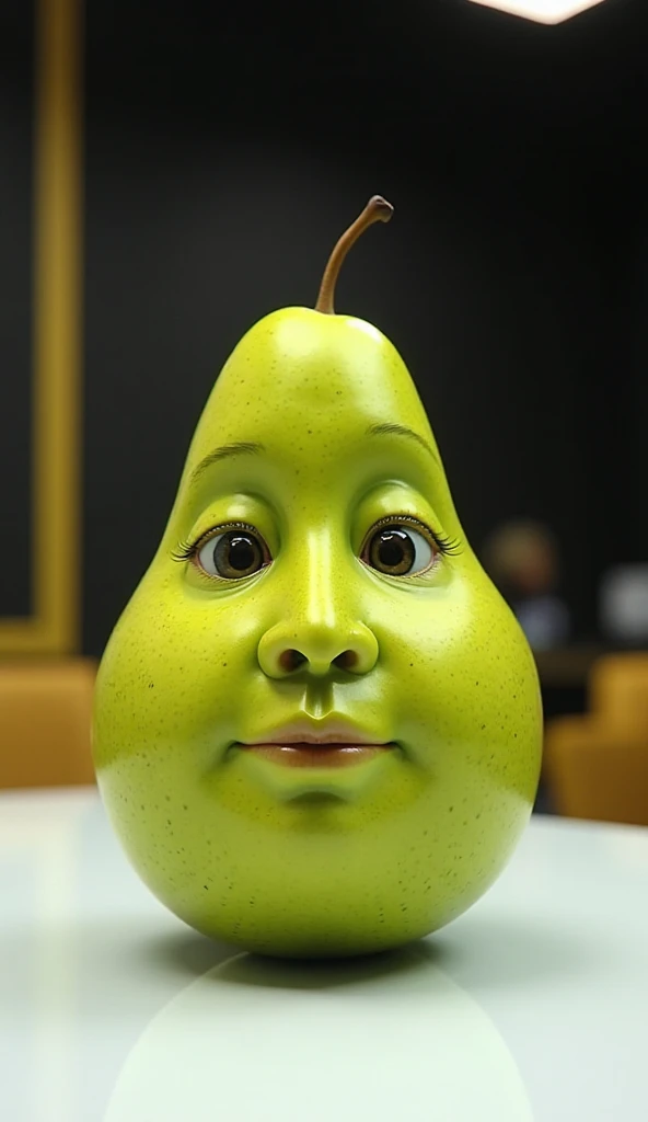 A hyper-realistic close-up of a green pear shaped like a human face and ...