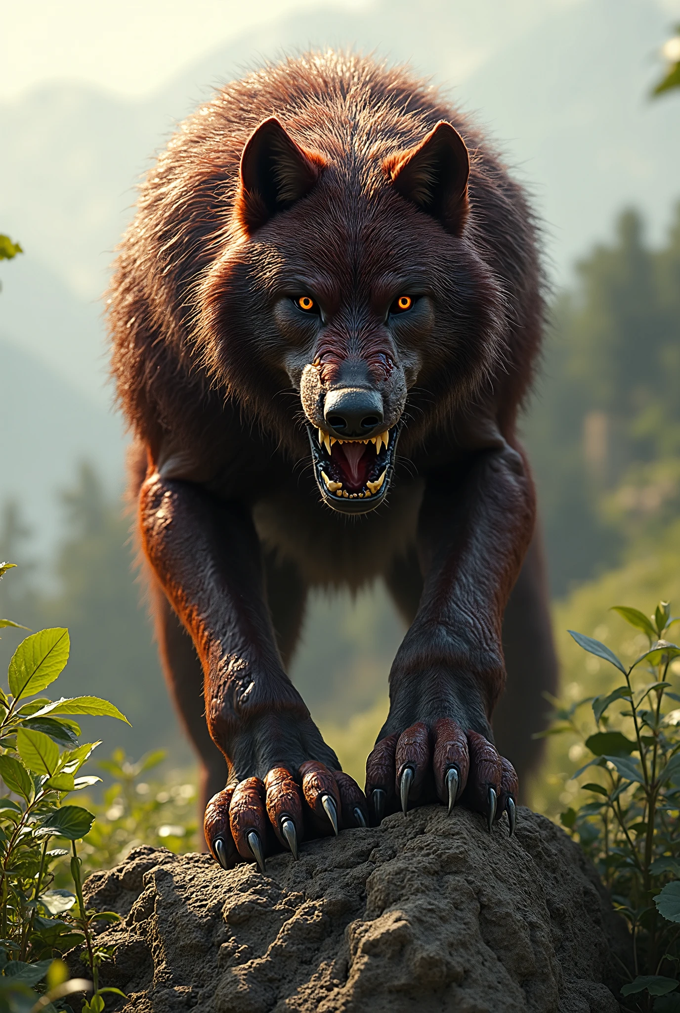 A hyper-realistic full-body depiction of a robust, sinister wolf ...