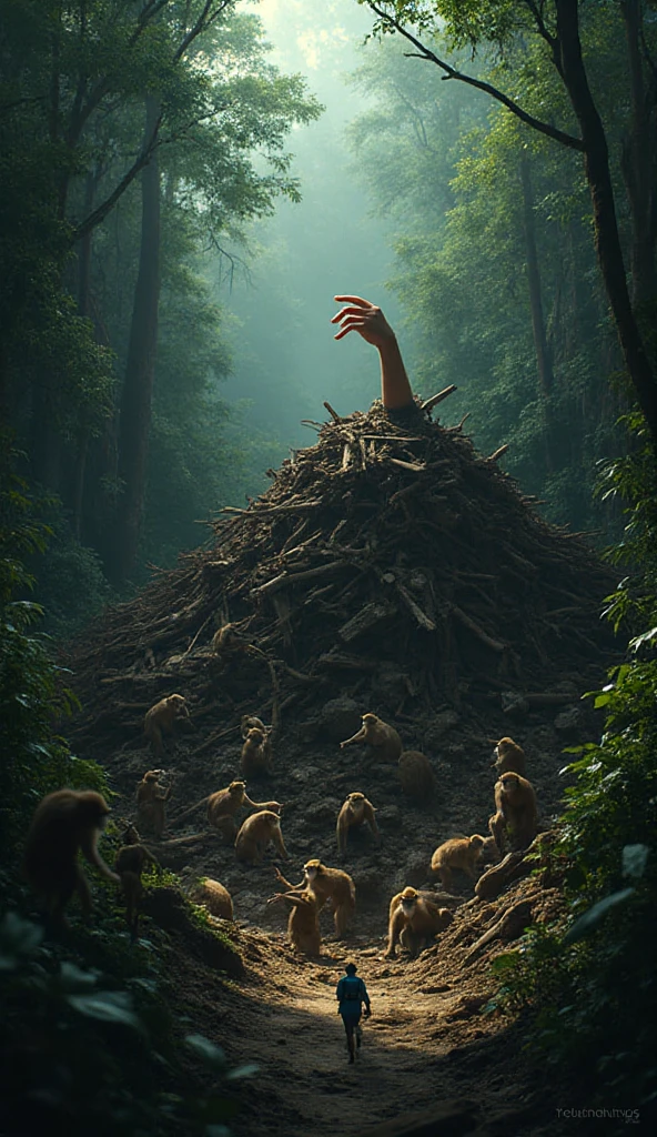 A person buried under rubble in the forest, only one arm showing ...