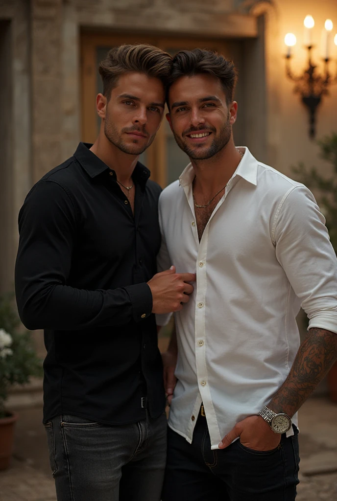A Bromance couple, two handsome young man as couple, one in a black ...