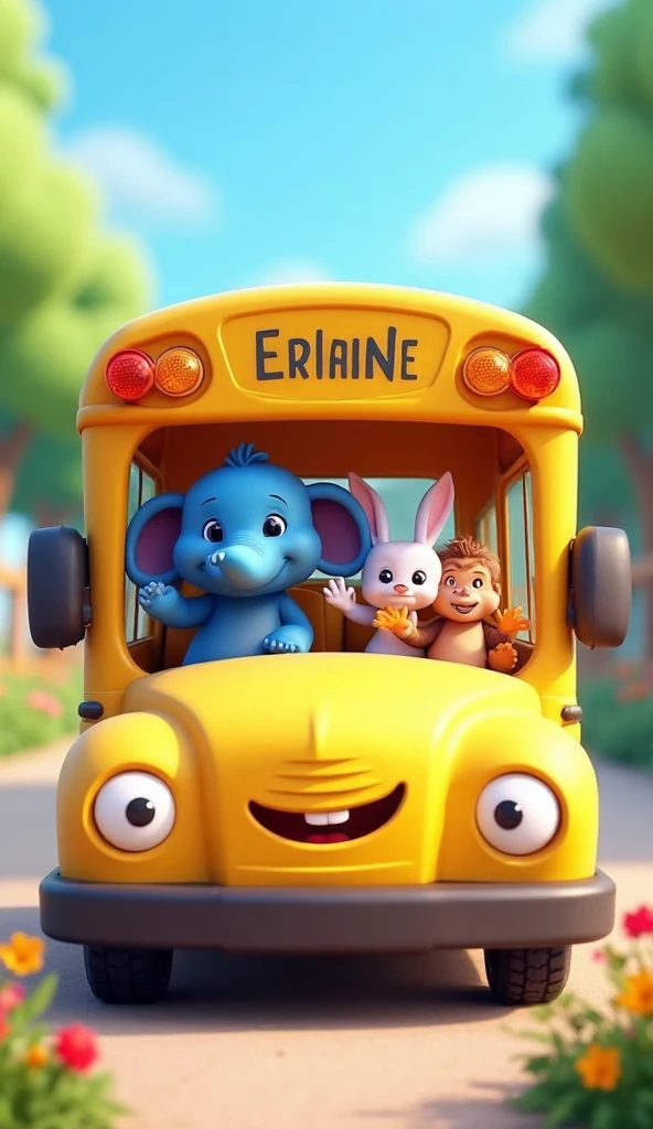 A cute 3D cartoon style yellow school bus 🚌 with a happy smiling face ...