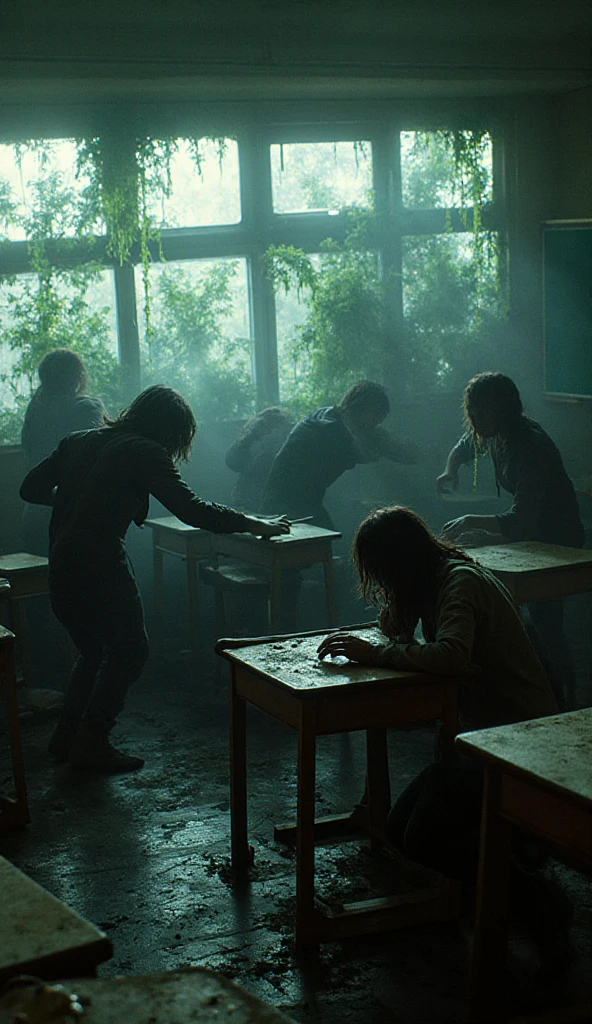 Interior classroom scene: rows of overturned desks, chalkboard half ...