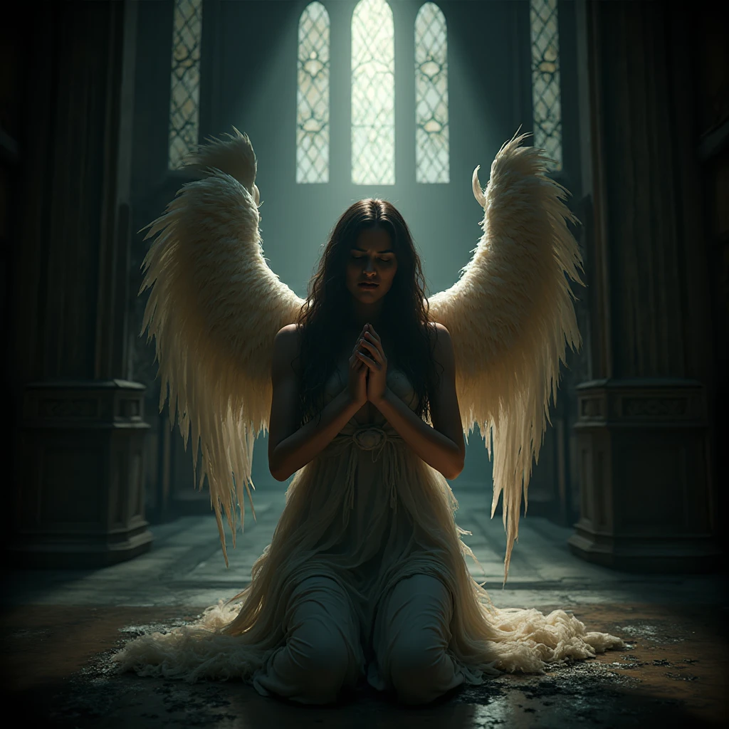 A beautiful broken, hurt angel praying in church, on her knees - SeaArt AI