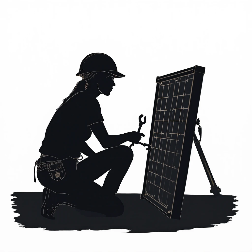 Silhouette of a female technician working on a rooftop solar panel ...