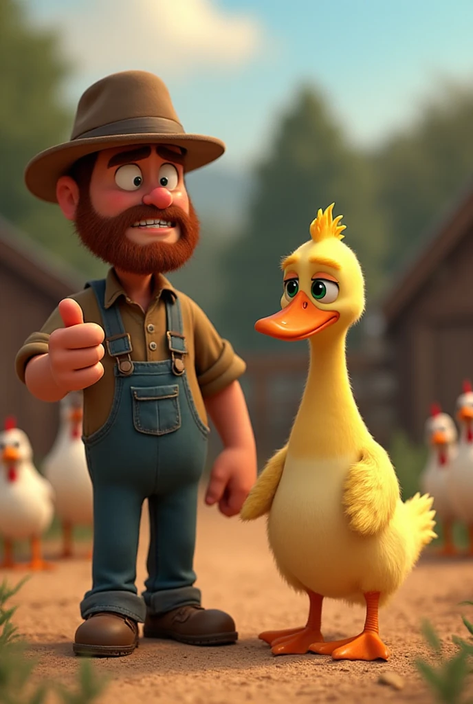 The same farmer character pointing angrily, the same sad duck character ...
