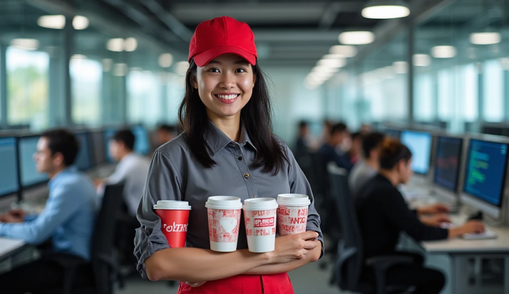A young Asian woman in a red cap and grey delivery uniform stands ...