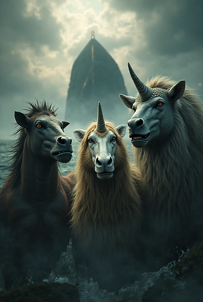 Close-up of three mythical creatures—a centaur, a manticore and a ...