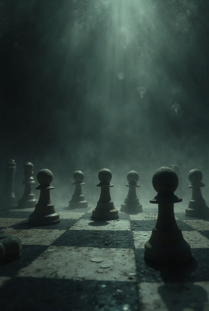 Slow-motion of pawns moving forward. Overlay faint ghostly faces in the ...