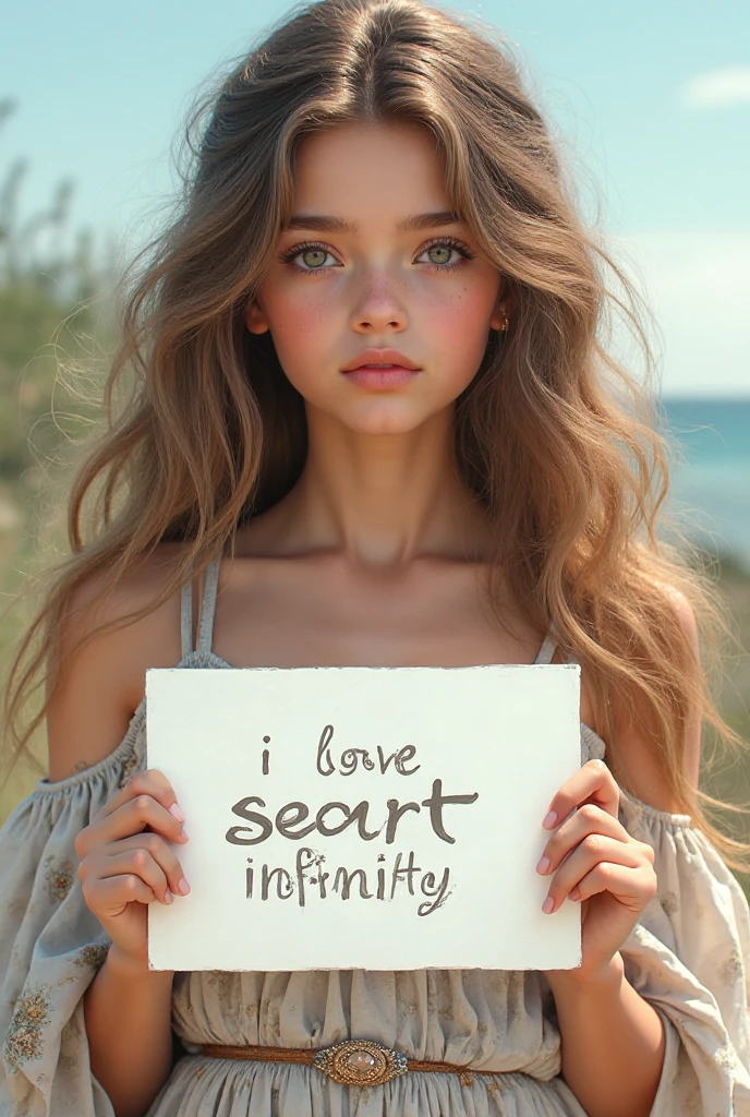 Beautiful girl with wavy long hair, bohemian dress, holding a white ...