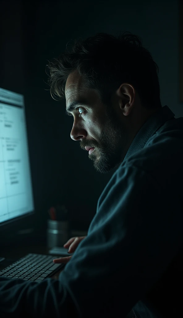Close-up of a man at his desk staring blankly at a computer with ...