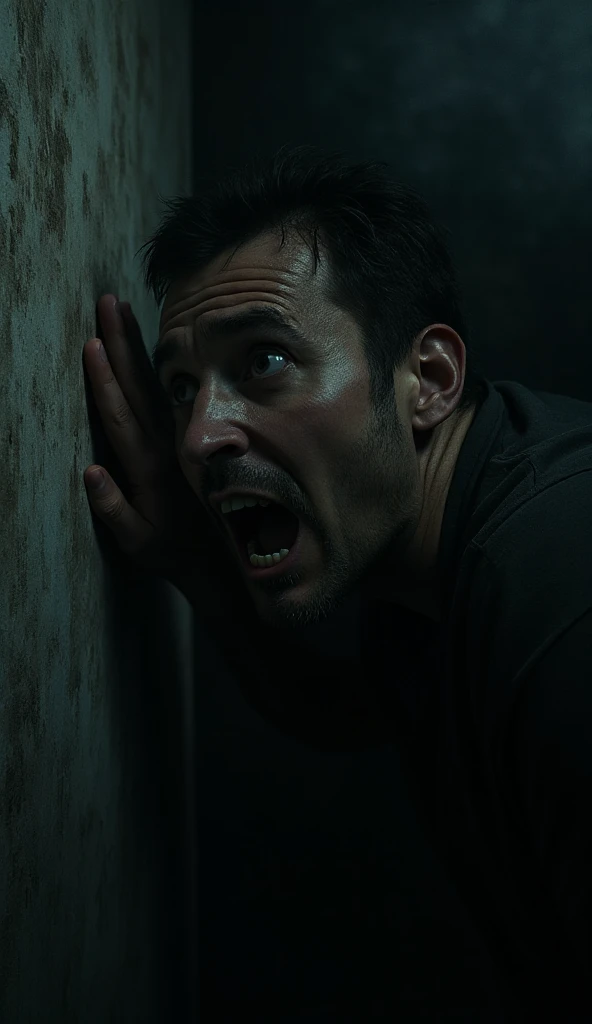 Terrifying shot of a man sitting in a dark room, wide fearful eyes ...