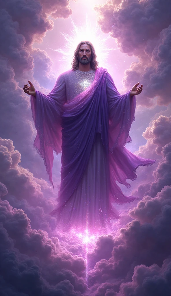 Tall Jesus wearing radiates purp flowing clothes le seated in purple ...