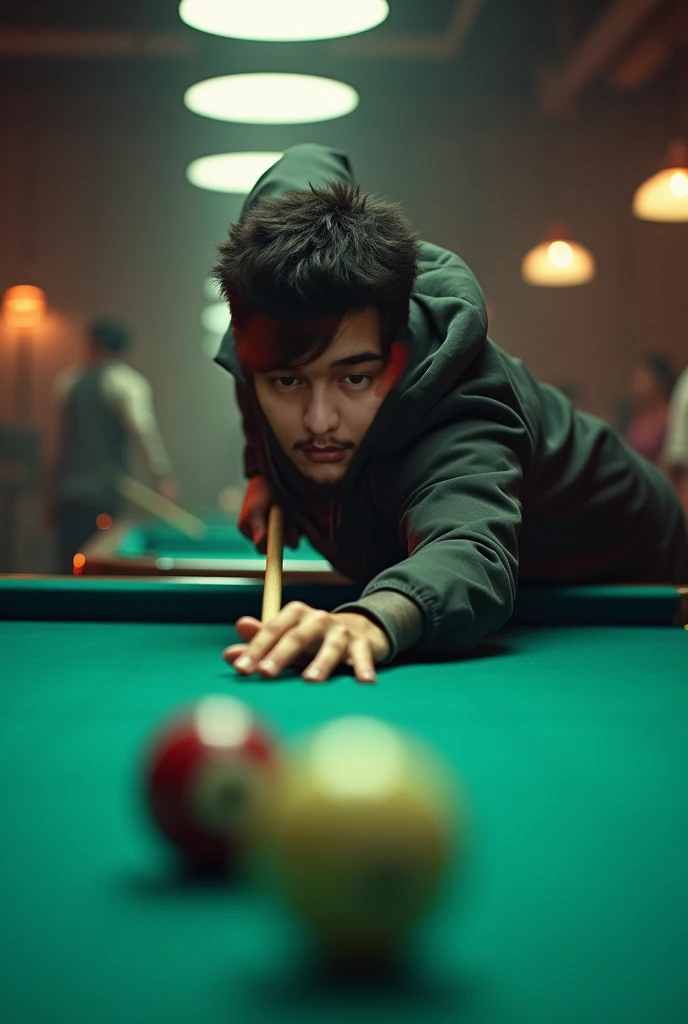 Change this photo to being bent over a billiard table going to poke a ...