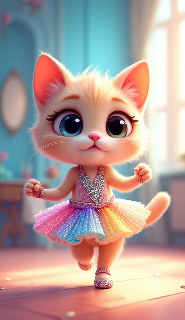 A cute realistic cartoon cat，Stand in the dance practice room in a ...