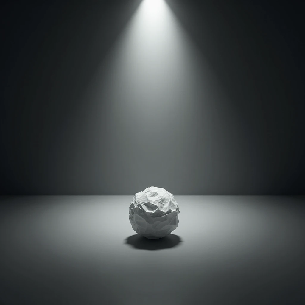 An ultra-minimalist conceptual shot. A single, small, wrinkled white ...