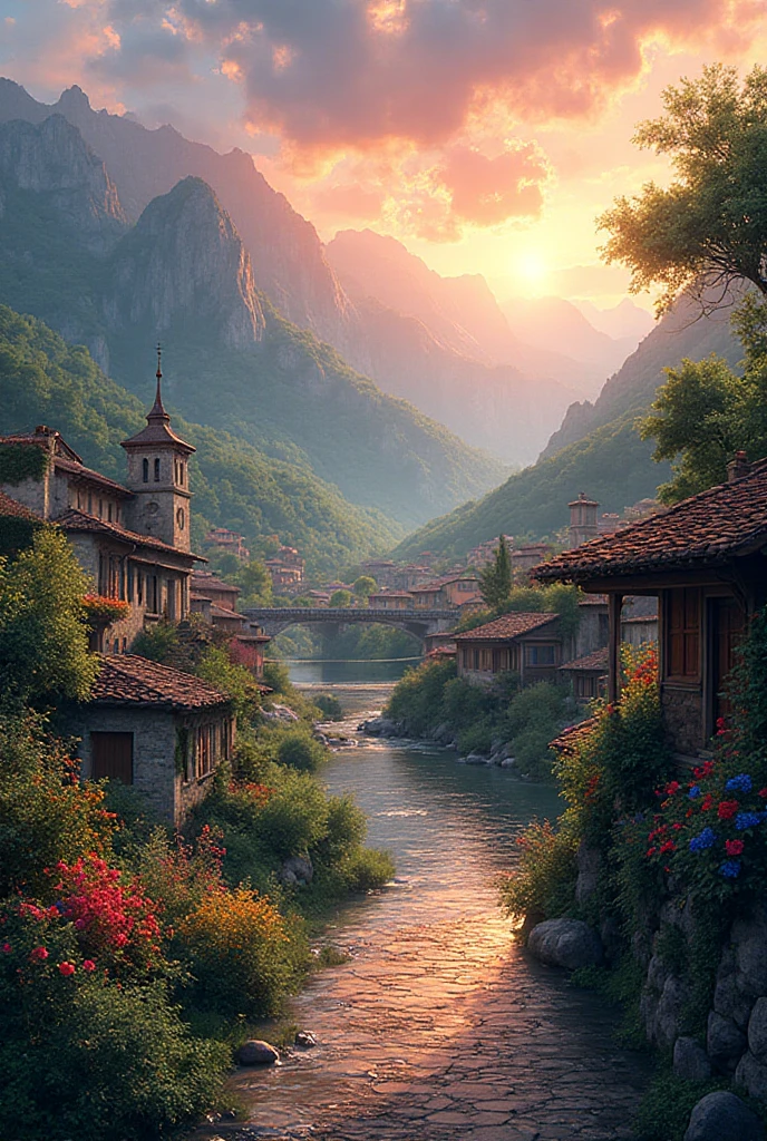 A small town next to the river, mountains in the background, flores ...