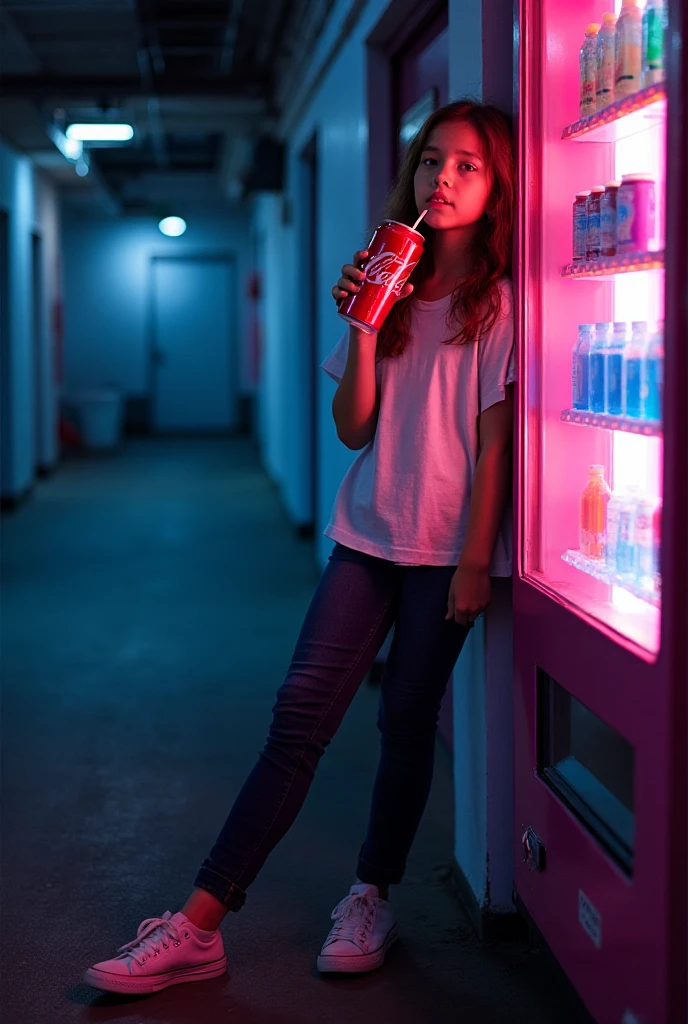 A young teenage girl casually leaning against a bright and colorful ...