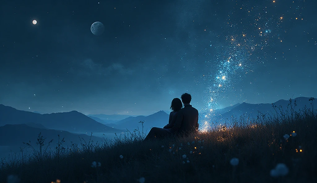 Couple sitting shoulder to shoulder on a hill at night。Particles of ...