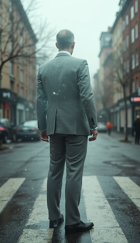 Symbolic composition: A man in a gray suit is standing motionless at ...