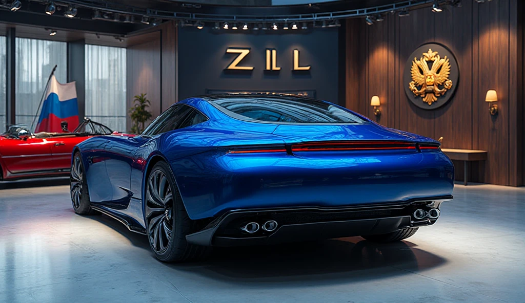 (ZIL- 41047) blue colour full back view showroom background, Russian ...