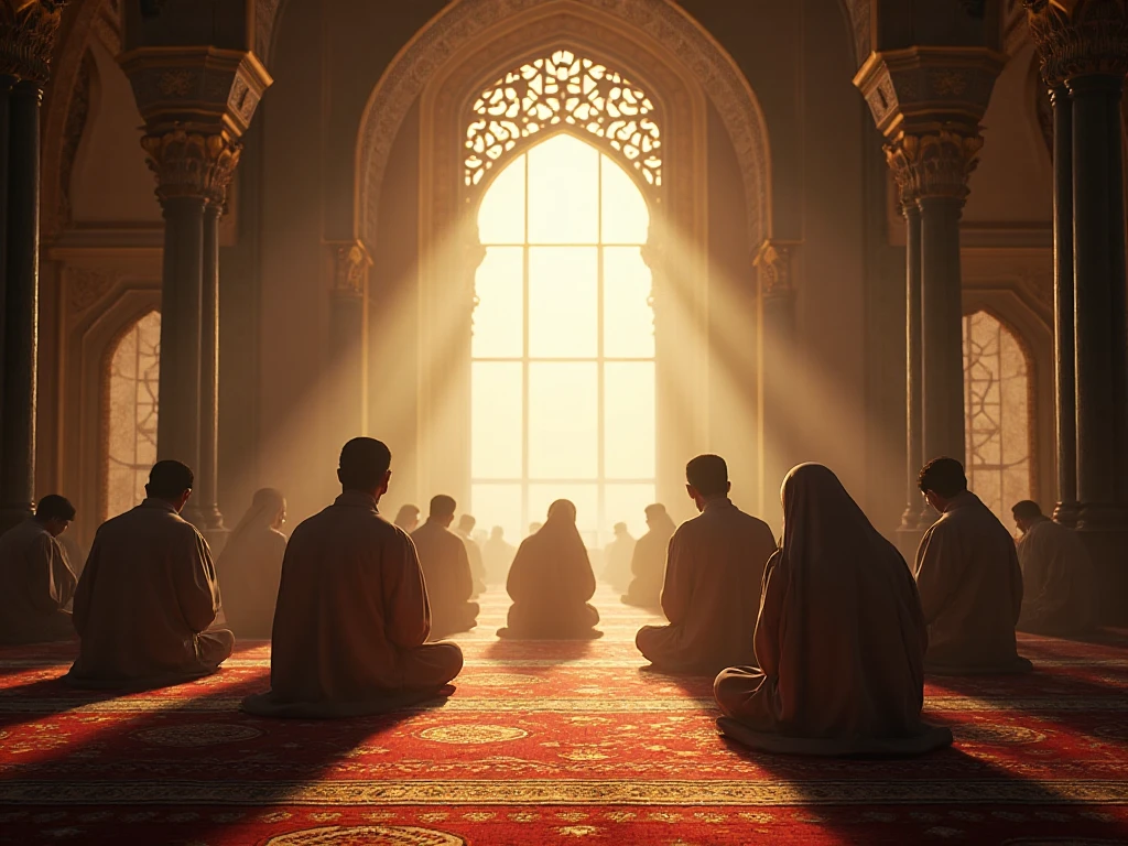A small group of poor Muslims praying inside a mosque, with light ...
