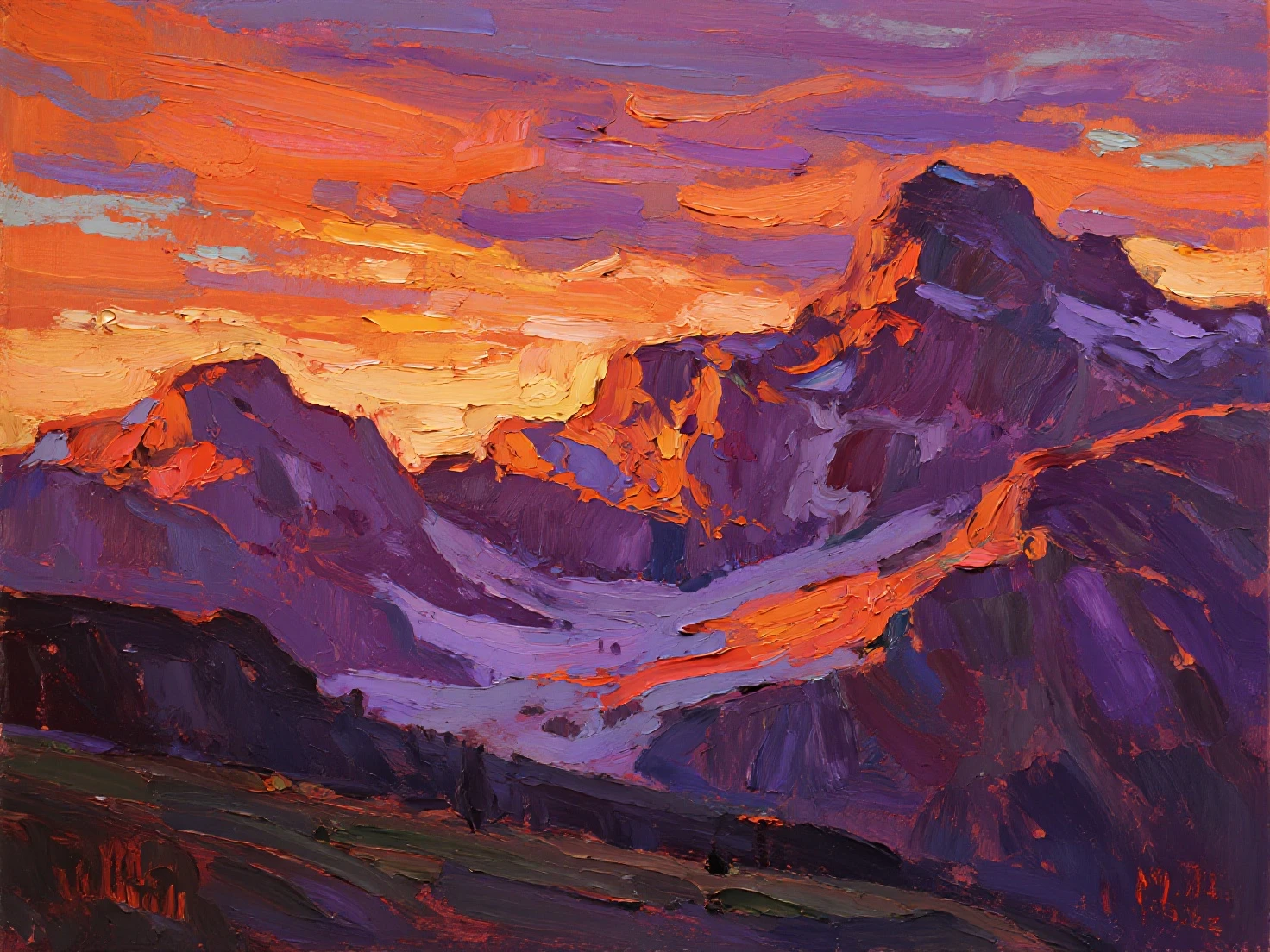 A dynamic, abstract oil painting, with bold brushstrokes of deep ...